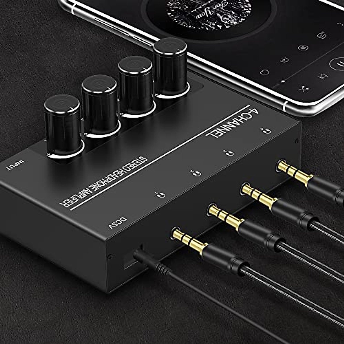ZUKVYE 4 Channel Headphone Amplifier Stereo Audio Amp, Ultra-Compact Portable Headphone Splitter w/4 3.5MM Headphones Output Jack and 3.5MM Audio Input