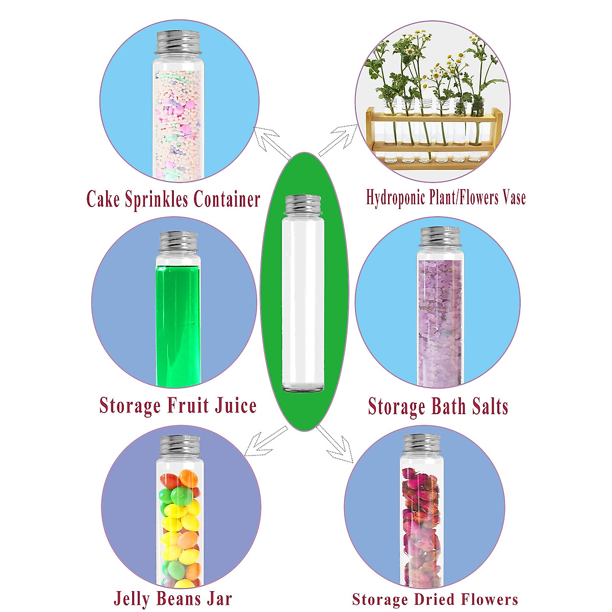 Muhome 30 Pack 65ml Clear Plastic Test Tubes with Screw Caps Flat Bottom, 27×149mm Tubes for Gumball Candy and Beads Storage, Scientific Experiments, Bath Salt DIY Christmas Party Favors