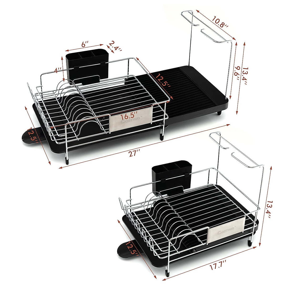 Giantex Stainless Steel Dish Rack, Expandable Dish Drainer Rack with Cutlery Cup Glass Holder, Removable Drip Tray, 360-Degree Swiveling Spout, Rust Proof Dish Dryer Rack for Kitchen Counter