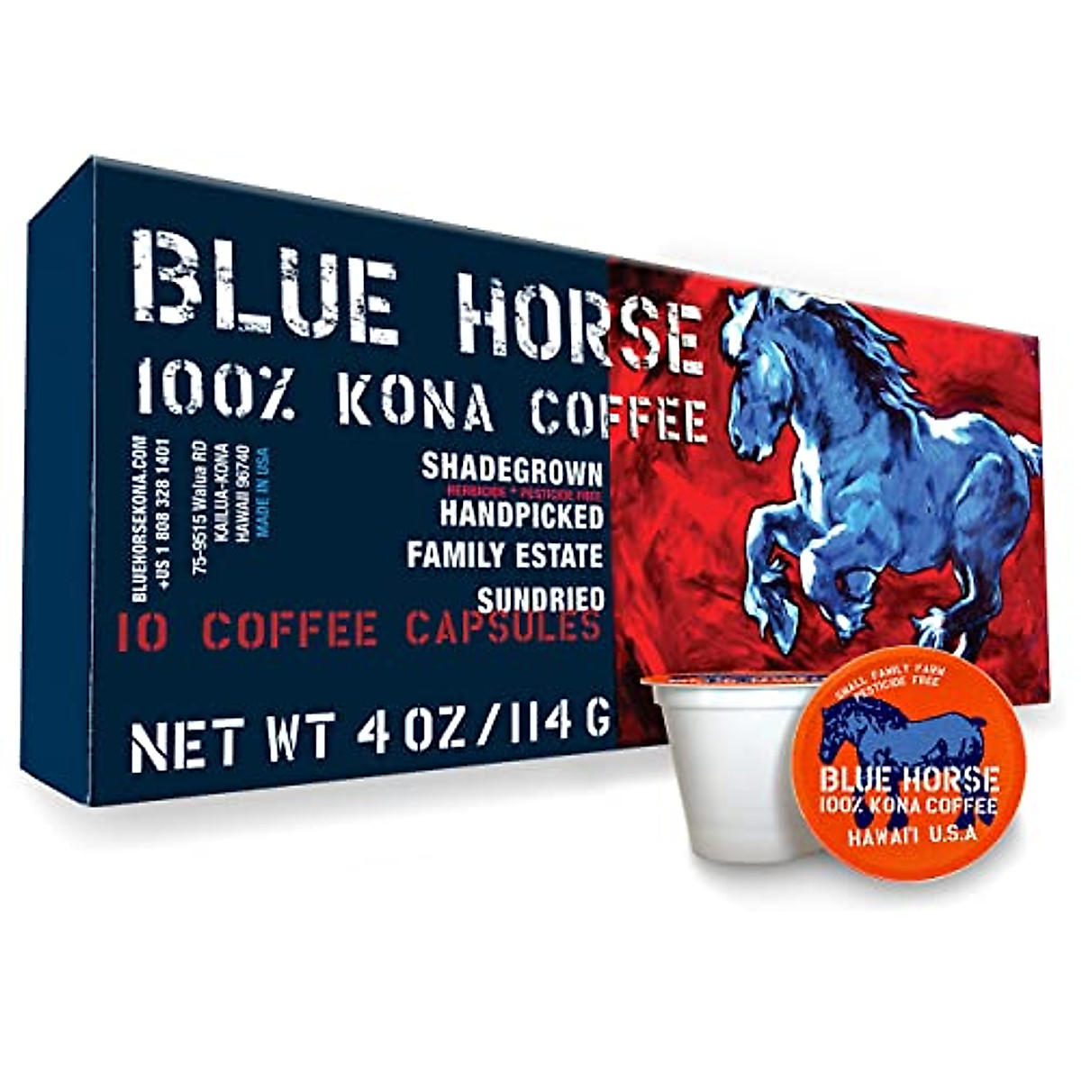 Farm-fresh: 100% Kona Coffee - Medium Roast - Compatible with K-Cup 2.0-10 Single Serve Pods - Blue Horse 100% Kona Coffee Arabica Beans from Hawaii
