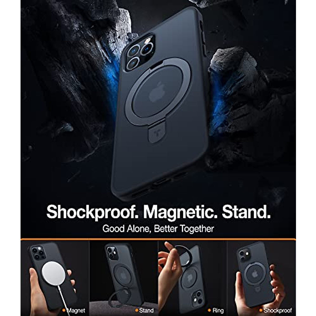 TORRAS Magnetic UPRO Ostand Designed for iPhone 12 Case & iPhone 12 Pro Case, Compatible with Magsafe Ring Stand, Military Grade Drop Protection, Shockproof Hard Translucent Slim 12 Phone Case, Black