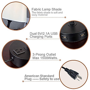 ZEEFO Touch Control Table Lamp Built in Dual USB Ports & AC Outlet, White Fabric Shade 3 Way Dimmable USB Nightstand Lamp Bedside Lamps for Bedroom, Living Room (2 Pack)