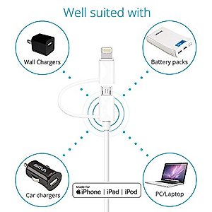 Apple MFi Certified 2 in 1 iPhone Charger Lightning Cable and Micro USB to USB Charger Cord, Compatible iPhone X, 8, 8 Plus,7 Plus, Android Data Cable 2 in 1 White(6FT)