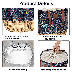 WILLOW WEAVE Portable Picnic Basket Set with Service for 2, Sturdy Woven Base & Canvas Picnic Beach Tote Bag with Drawstring Closure & Insulated Lining, for Outdoor Events, Shopping - Blue Floral