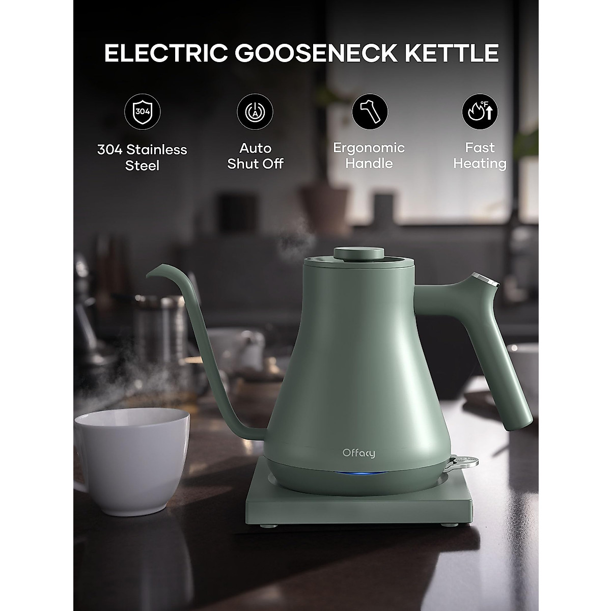 Electric Kettle, Offacy Gooseneck Kettle with 6.8mm Fine V-Shaped Spout, Auto Shut-Off & Boil Dry Protection, BPA Free, 1200 Watt Quick Heating, 0.9L, Light Green