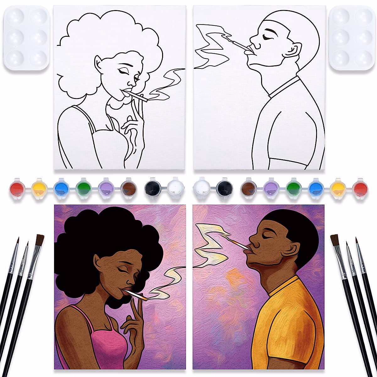 Couples Paint Party Kits Pre Drawn Canvas for Adults for Paint and Sip Date Night Games for Couples Painting kit 8x10 African American Girl Boy (2 Pack) Valentine