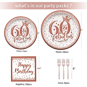 GREPARPY 60th Birthday Decorations Women Tableware - Rose Gold 60 And Fabulous Birthday Decorations Dinnerware, Sixty Birthday Plate, Napkin, Fork, Her 60-Year-Old Birthday Party Supplies | Serve 24