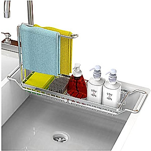 Mindore Sink Caddy, Telescopic Sink Storage Rack, Stainless Steel Sponge Holder for Kitchen Sink, Over Sink Sponge Holder with Dishcloth Towel Holder, Adjustable Sink Rack for Soap, Scrubber Brush