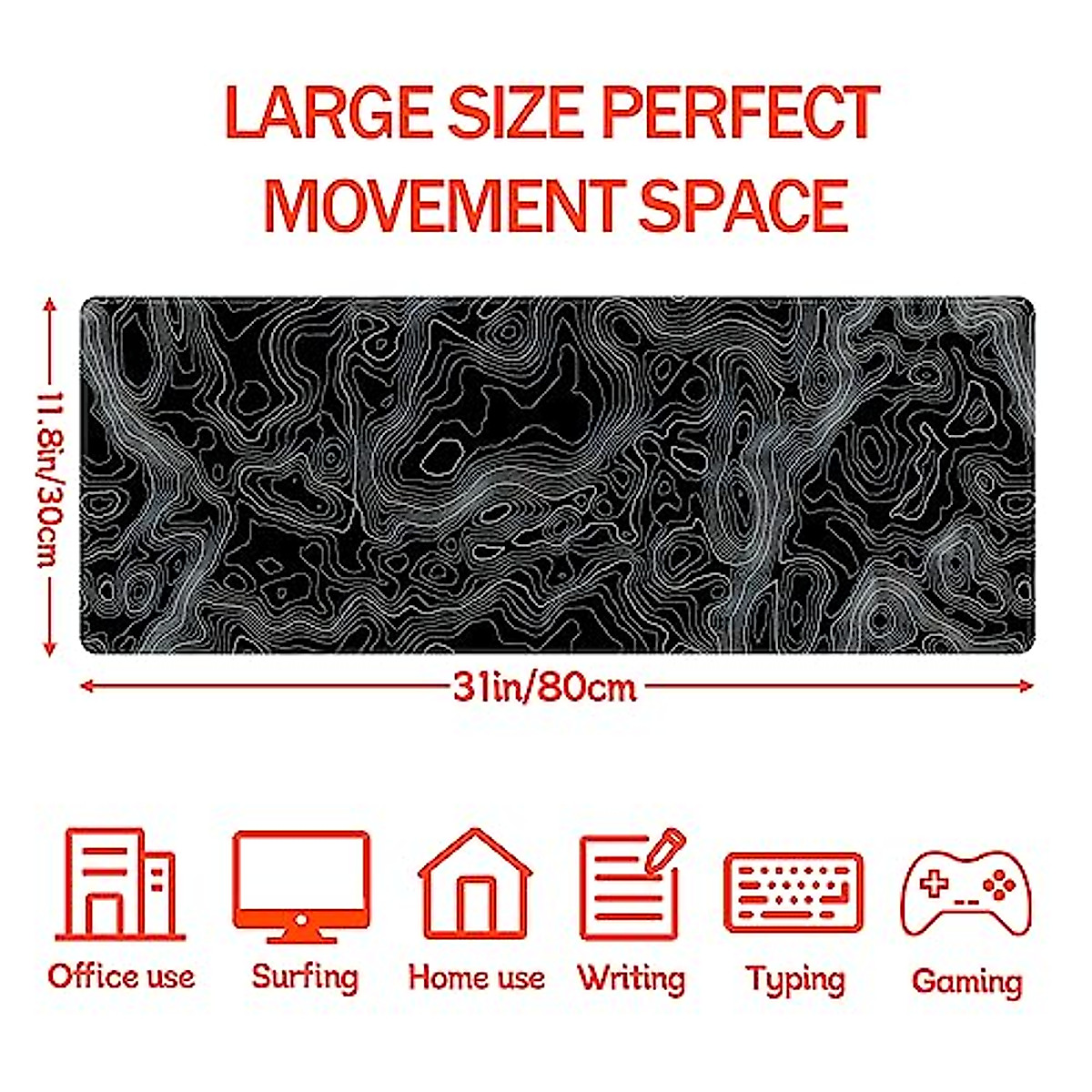 Gaming Mouse Pad Large Desk Mat Topographic Mouse Pad Gaming Mousepad Large 31.5 x 11.8in Desk Mat Desk Pad Extended XL Black Mouse Pad for Keyboard with Anti-Slip Rubber Base Mouse Mat Keyboard Pad