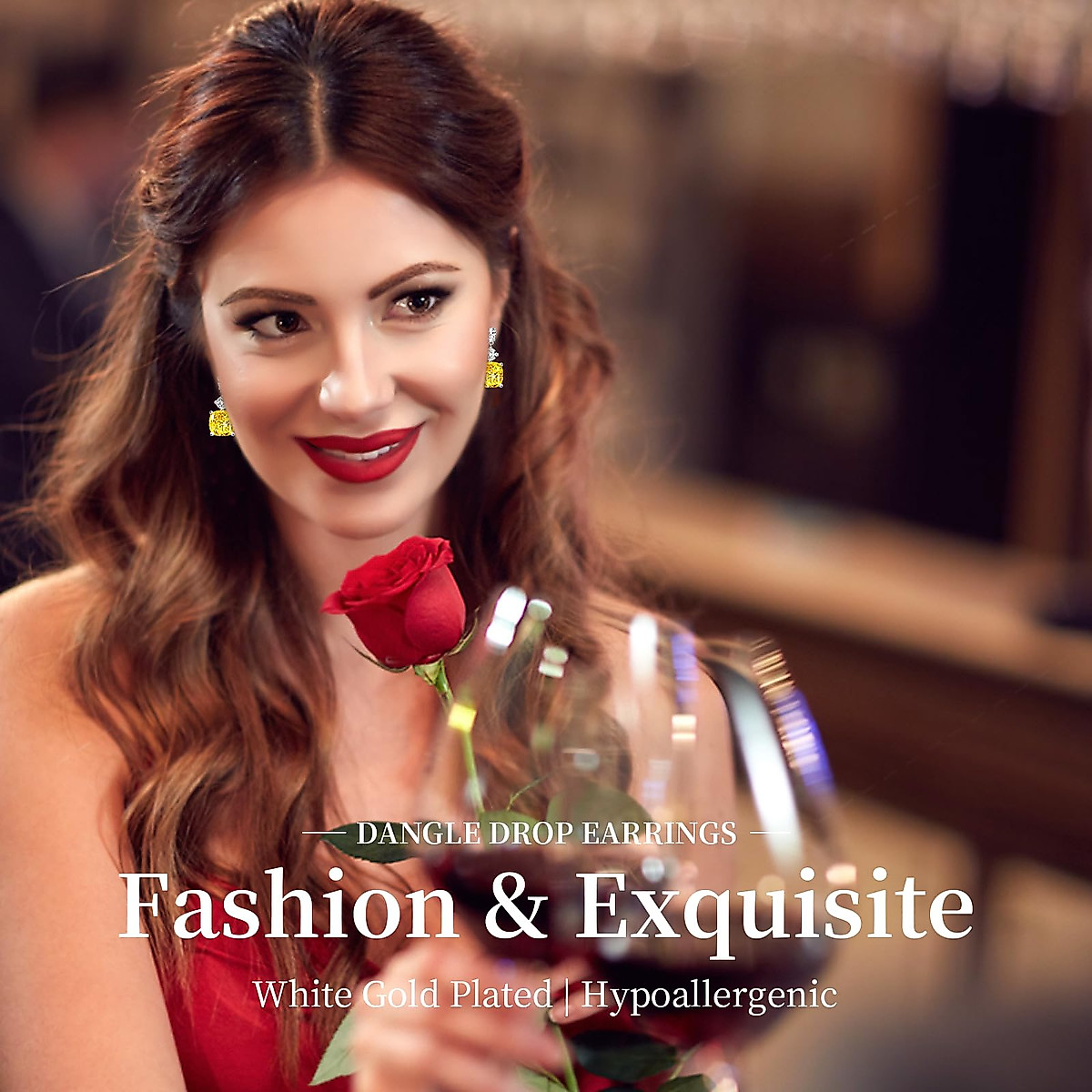 Sterling Silver Dangle Earrings for Women Hypoallergenic Earring Jewelry Yellow Cubic Zirconia Diamond Anniversary Birthday Valentine's Day Gifts for Her Wife Girlfriend Mom