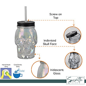 Servette Home 4 Pack Iridescent Skull Shaped Mason Jar with Lid and Straw - 16 Oz