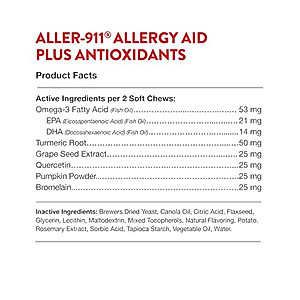 NaturVet Aller-911 Advanced Allergy Aid for Dogs, Cats – Antioxidant-Rich Pet Supplement with Omegas, DHA, EPA – Helps Support Dog Immune System, Cat Respiratory Health, Skin Moisture 70 Soft Chews