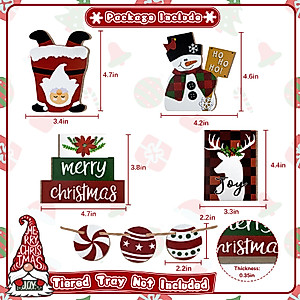 Guoofu Christmas Tiered Tray Decor, Farmhouse Xmas Santa Claus Snowman Tray Decorations Set, Red Buffalo Plaid Elk Candy Wooden Signs, Winter Holiday Home Decor for Tabletop Shelf Mantel