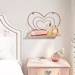 Mazjoaru Floating Shelves Rose Gold Multi-Layer Heart Shape Design Hanging Shelves Pink Room Decor, Cute Pink Chain Metal Wall Mounted Shelf for Bedroom, Nursery, Living Room