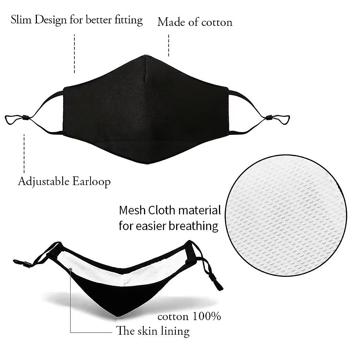 NBDIB 5 Pcs Adult Unisex Reusable Washable Adjustable Face Protection with Filter Pocket and Nose Wire Black Breathable Cotton Dust Cloth Mask with 10Pcs Replacement Carbon Filters for Man and Women