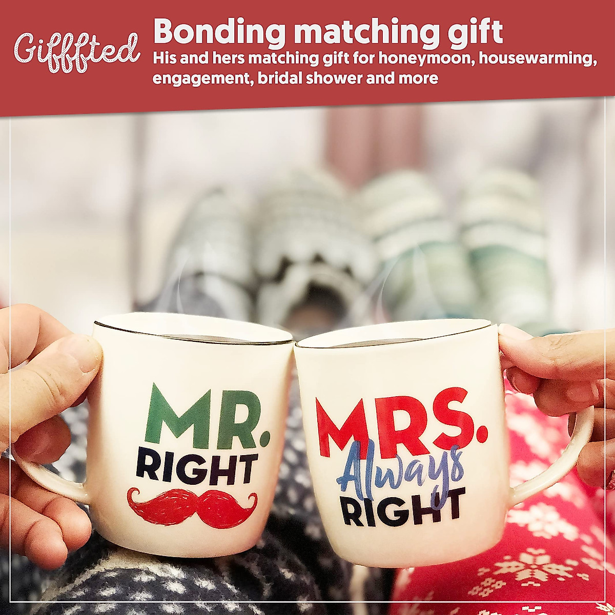 Triple Gifffted Mr Right Mrs Always Right Coffee Mugs Gifts Ideas for Couples, Wedding Anniversary, Engagement, Christmas, His & Hers, Bride and Groom, Parents, Newlyweds Bridal Shower, Ceramic 380ml