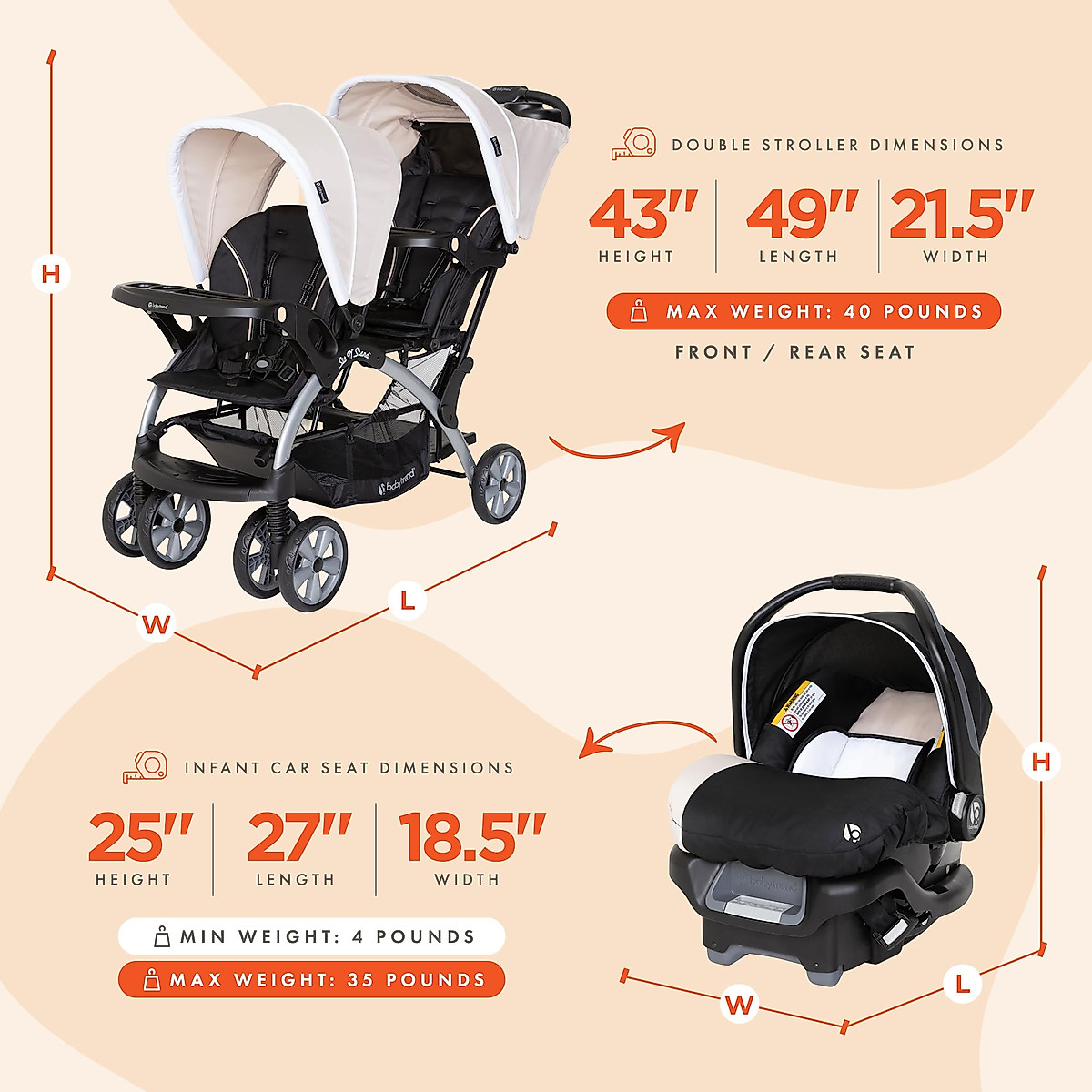 Baby Trend Infant and Toddler Double Stroller & Car Seat Combo, 2 Pc Set, Khaki