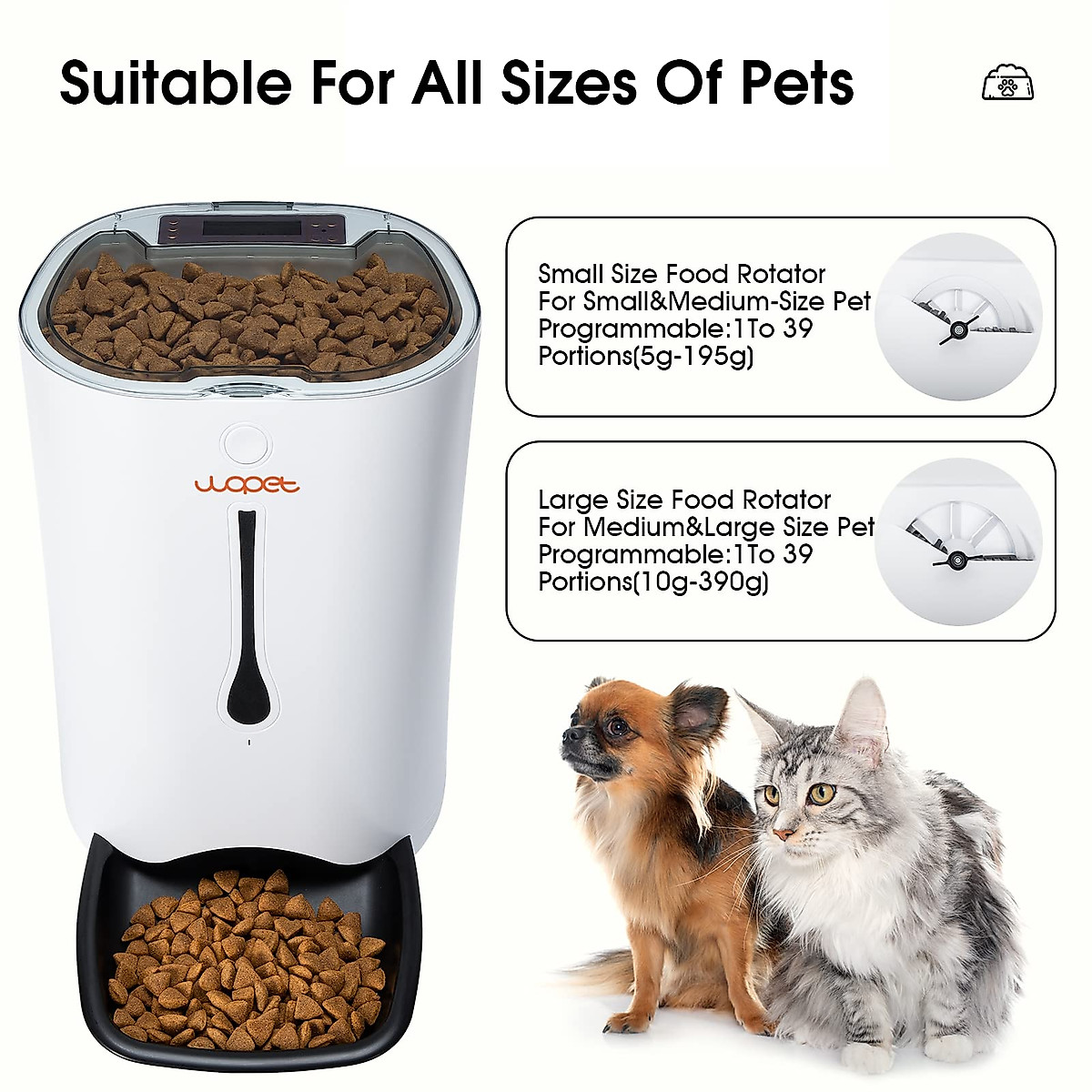 WOPET Automatic Pet Feeder Food Dispenser for Cats and Dogs–Features: Distribution Alarms,Portion Control,Voice Recorder, & Programmable Timer for up to 4 Meals per Day