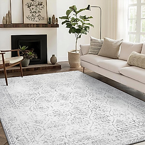 BEIMO Area Rugs 3X5 for Living Room Bedroom, Machine Washable Rug Vintage Floral Print Indoor Floor Cover，Lightweight Non Slip Backing Thin Rug with Gripper, Distressed Cream/Gray