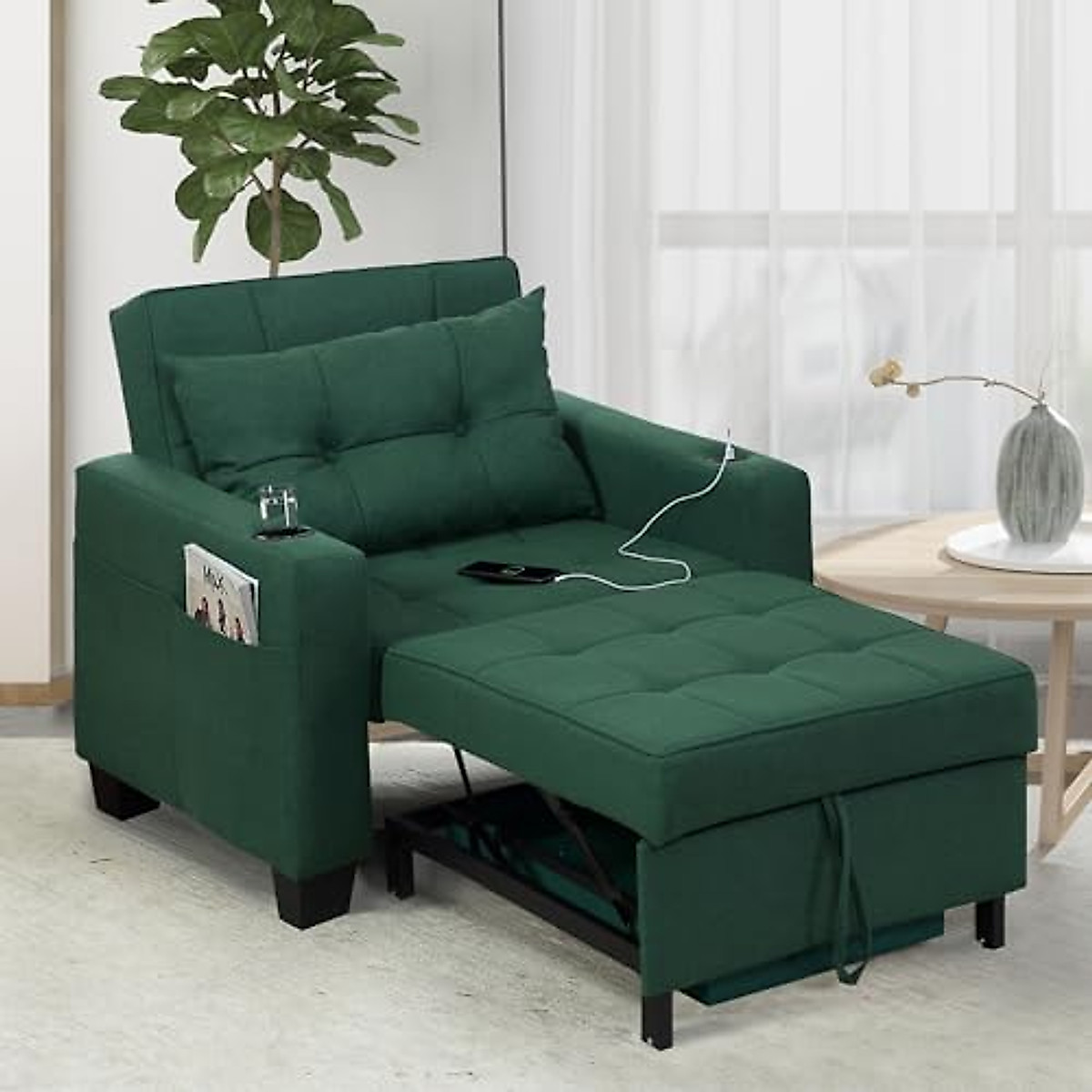 DURASPACE 39 Inch Sleeper Chair 3-in-1 Convertible Chair Bed Pull Out Sleeper Chair Beds Adjustable Single Armchair Sofa Bed with USB Ports, Side Pocket, Cup Holder (Forest Green Linen)