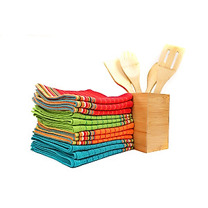 Kitchen Dish Towels Salsa Stripe - 100% Natural Absorbent Cotton Salsa Towels (28 x 16 inches) Festive Red, Orange, Green and Blue, 12-Pack