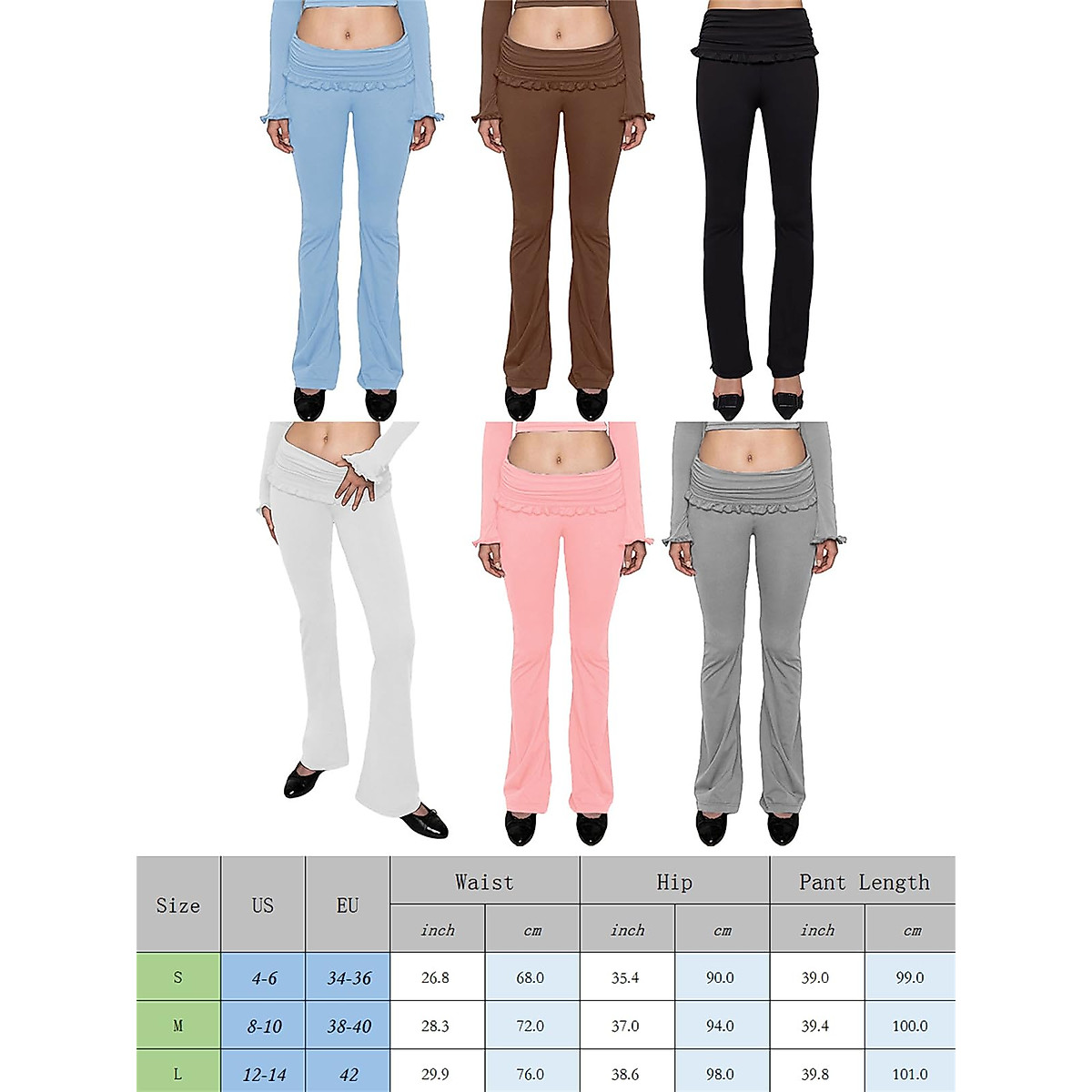 Women Low Rise Flare Leggings Y2k Fold Over Yoga Pants Bootcut Stretchy Skinny Sweatpant Lounge Workout Athletic Wear (Ruffle Hem, Brown, S)