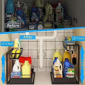 Under Sink Organizer 2 Pack, Chunyee 2-Tier Adjustable Height Under Sink Organizers and Storage, L-Shape Heavy Duty Metal Slide Out Under Sink Storage for Kitchen and Bathroom, Gifts for Women