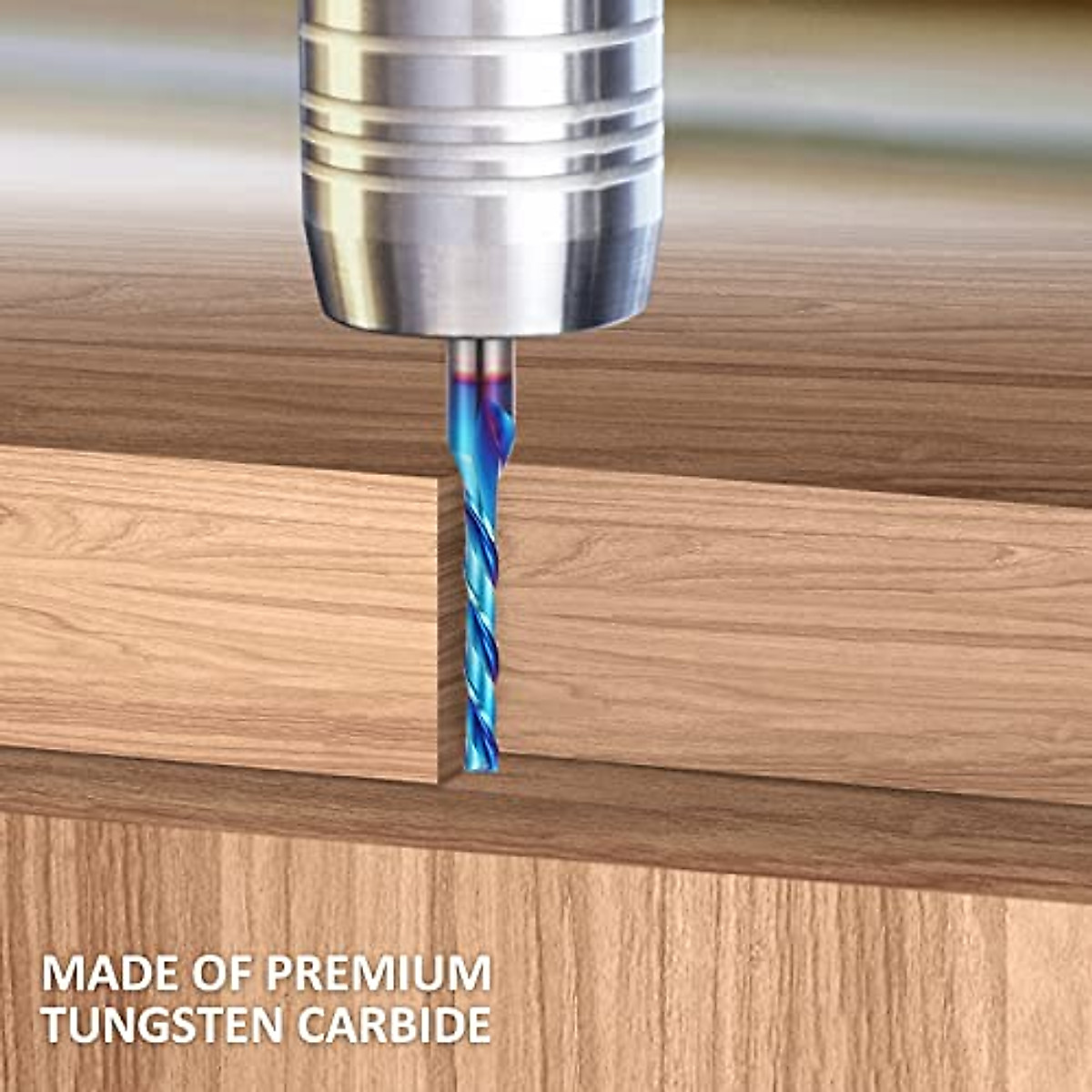HQMaster 5 Pcs Spiral CNC Router Bits Set Down Cut 1/4” Shank Solid Carbide Spiral Downcut CNC Bits with Nano Blue Coating End Mill for Wood Cut Carving Engraver 1/8" Cutting Dia.