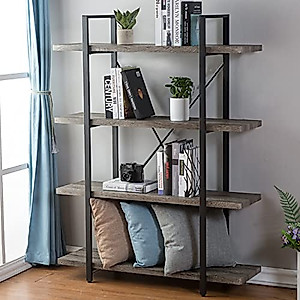 HSH 4-Shelf Vintage Industrial Bookshelf, Rustic Gray Wood and Metal 4 Tier Bookcase, Open Wide Etagere Book Shelf for Home Office Livingroom Bedroom Dispaly, Light Grey Oak