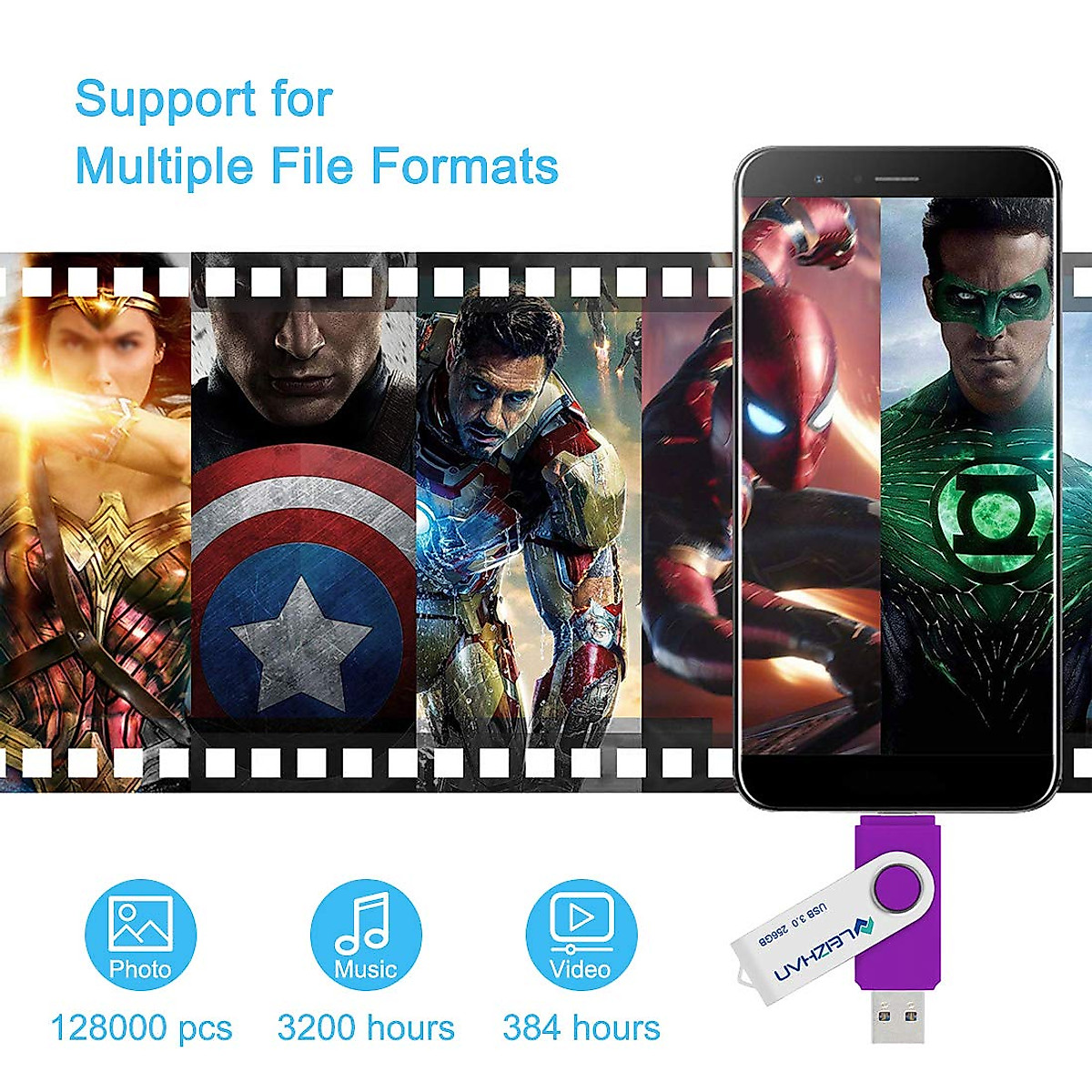 leizhan 256GB USB Flash Drive Type C Phone Picture Stick 3.0 Compatible with HTC 10, Huawei P20, Samsung Galaxy S10, S9, Note 9, S8, S8 Plus, Purple