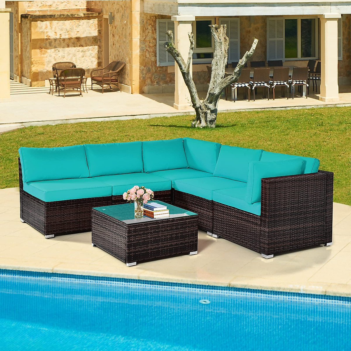 HAPPYGRILL 6 Pieces Outdoor Patio Furniture Set, PE Rattan Conversation Set with Tempered Glass Coffee Table and Cozy Cushions, Weather Resistant Sectional Sofa Set, Turquoise