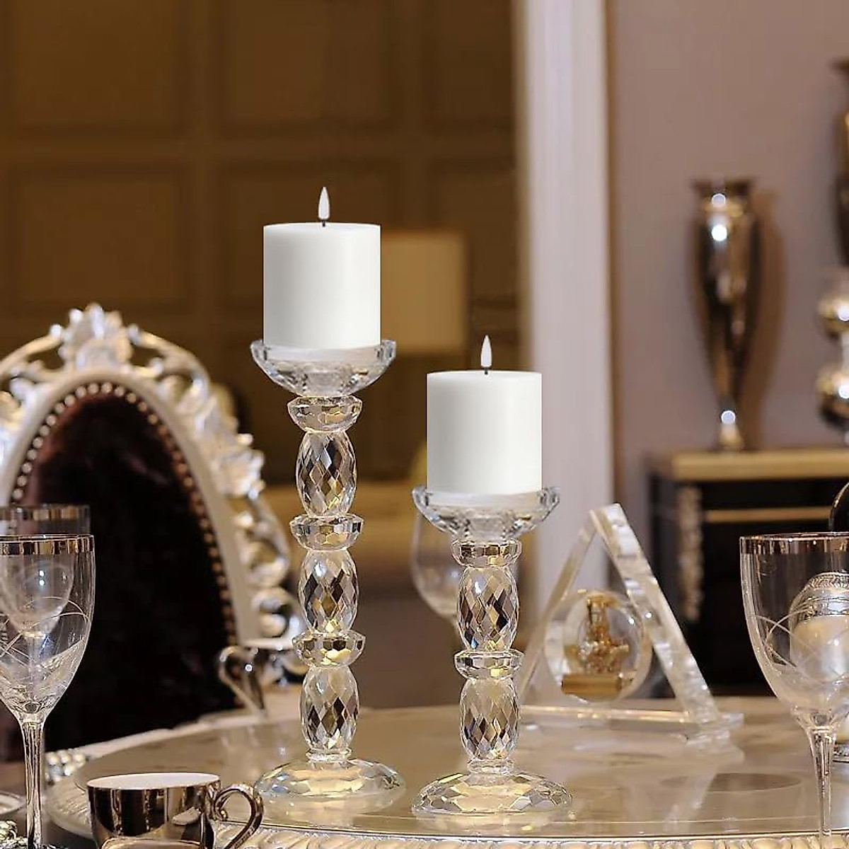 volnyus Flameless Candles Set of 2 (3x3 inch) Flickering LED Real Wax Candles Battery Operated with Remote Control Timers for Fireplace Bedroom Livingroom Party Dimmable White Pillars Flat top