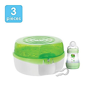 MAM Baby Bottle Sterilizer, Microwave Steam Baby Bottle Sterilizer with MAM 5-Ounce Anti-Colic Baby Bottle and Nipple Tong, 3-Pieces, Green