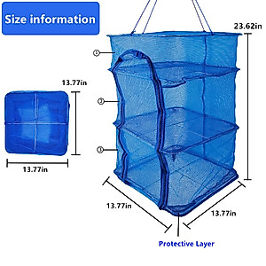 EarfnBabi Drying Rack Foldable Fishing Mesh 4 Layers Hanging Drying Fish Net Foldable Nylon Netting Dryer, for Seeds Fish Vegetables Fruit Herb Food Clothes, Zipper Opening Blue 13.77"x13.77"x23.62"