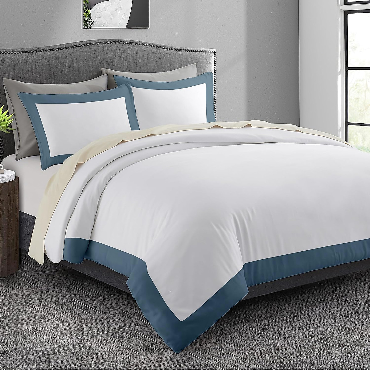 SLEEP-NEST Dual Tone Duvet Cover Set Cal-King 105"x93" Long Staple 100% Egyptian Cotton - 3 Piece Shading Design 600TC Covers with Zipper Closure, Two Color Duvet Cover Soft, (White + Medium Blue)