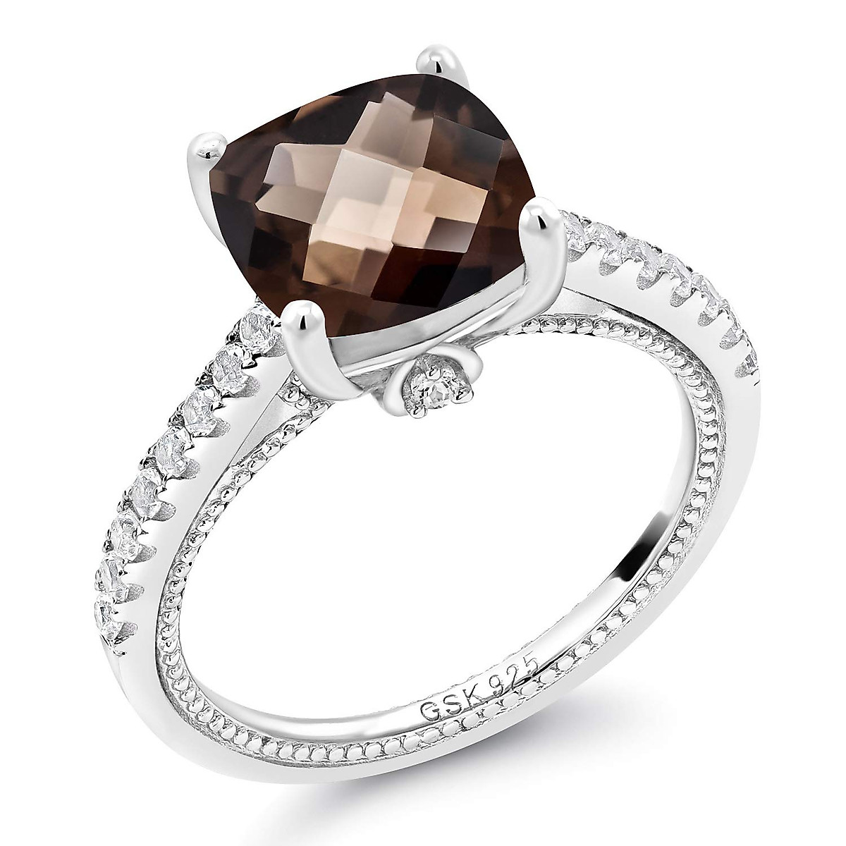 Gem Stone King 925 Sterling Silver Smoky Quartz and White Created Sapphire Engagement Ring For Women (4.12 Cttw, Cushion Checkerboard 10MM, Available in size 5, 6, 7, 8, 9)