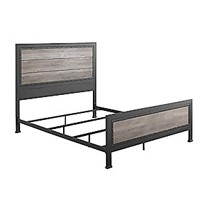 Walker Edison Rustic Farmhouse Wood and Metal Queen Metal Bed Headboard Footboard Bed Frame Bedroom, Queen, Grey Wash