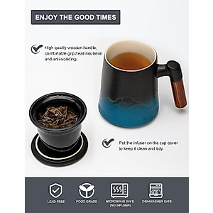 suyika Tea Cup with Infuser and Lid, 15.2 Ounce Wood Handle Ceramic Loose Leaf Tea Mug,Embossed Tea Steeping Mug for Gifts, Gradient Black&Blue 450ml