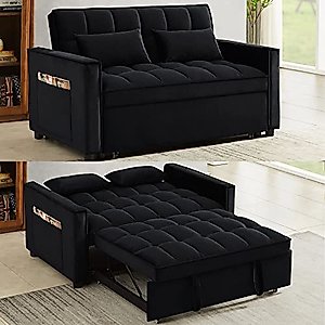 HABITRIO Loveseat with Pull-Out Sleeper Bed, Solid Wood Frame Black Velvet Upholstered 55" 2-Seater Sofa Couch w/3-Position Reclining Backrest, 2 Side Pockets, 2 Pillows, Furniture for Living Room