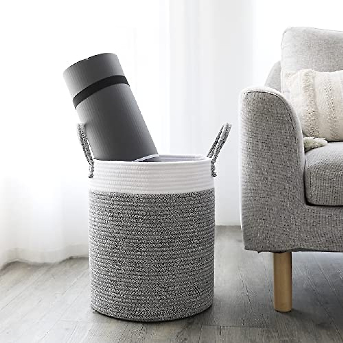 LA JOLIE MUSE Woven Rope Basket Hamper, Tall Cotton Laundry Basket 16 x 14 x 14 Inches, Clothes Blanket Storage Baskets for Living Room Nursery Bedroom Bathroom, White & Gray