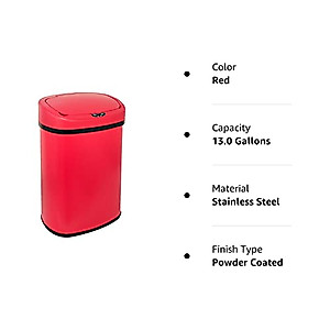 Vnewone Kitchen Trash Can Garbage 13 Gallon Waste Bin for Home Office Bedroom Stainless Steel Automatic Touch Free High-Capacity, 50 Liter (Red)