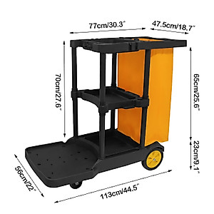 tonchean Commercial Janitorial Cart 3 Shelf Housekeeping Cleaning Cart, Large Capacity Utility Clean Trolley with Wheels and 25 Gallon Vinyl Bag 44.5”L x 22”W x 36.6”H, Black