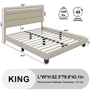 Kallabe King Size Bed Frame with LED Lights, Upholstered Bed Frame with Charging Station and Linen Fabric Tufted Headboard, Wood Slats Support, Noise-Free, Easy Assembly, No Box Spring Needed, Beige