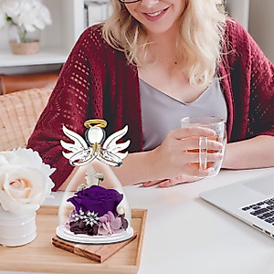 encavy Preserved Flower Rose Gifts in Glass Angel Figurines,Birthday Gifts for Women,Angel Rose Gifts for Her,Christmas Rose Gifts for Mom Mothers Grandma,Real Flowers Purple Gift,Thanksgiving Gifts