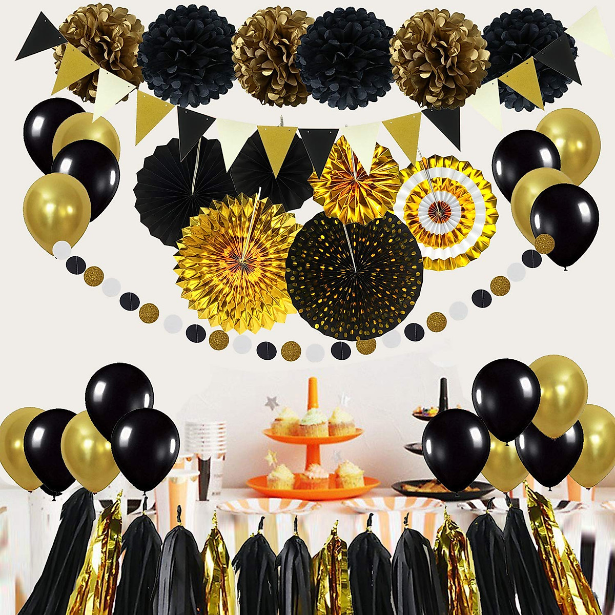 ZERODECO Black and Gold Decorations, Hanging Paper Fans Pom Poms Flowers Tassel Garlands String Triangle Bunting Flags and Balloons for Birthday Graduation Congrats Grad New Years Party Décor