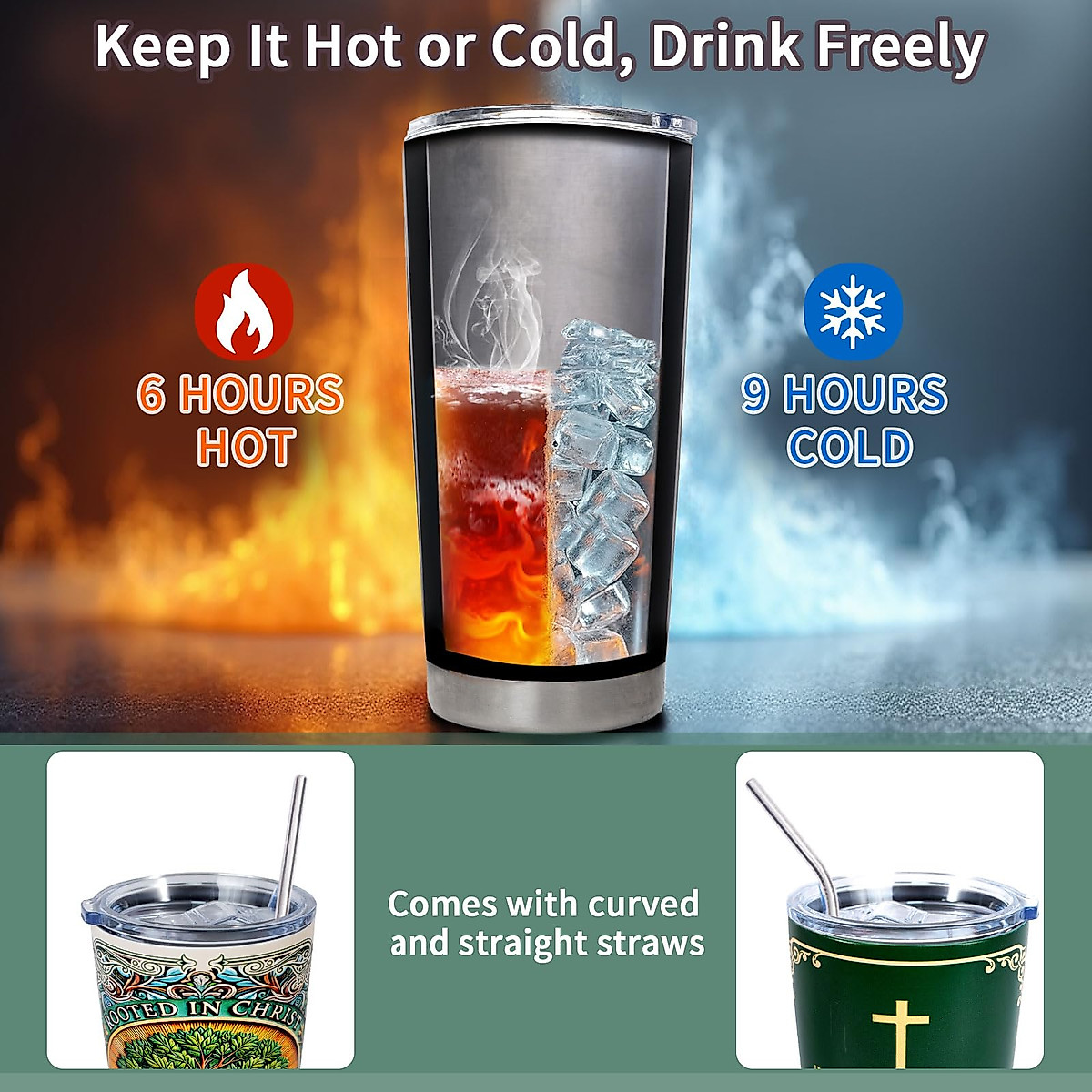 YRCKUDZKG 20 Oz Stainless Steel Tumbler, Double-layer 304 Vacuum Insulated Cup | Leak-Proof Lid Reusable Insulated Mug with Straw, Keeps Hot and Cold for Home, Office, Travel and Car (Bible Tree)