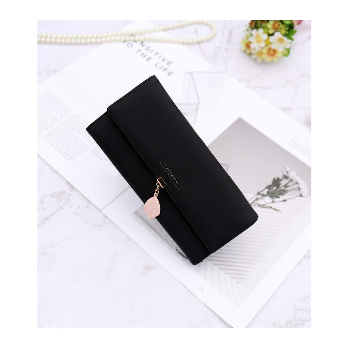 Chic Boutique De Mode Wallets for Women Large Wallet Leather Phone Wallet Ladies Girls Cute Long Slim Trifold Soft Purse Unique Original (Black)