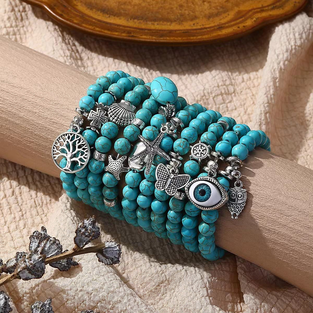 LETAJOY Turquoise Bracelet for Women,Healing Crystal Stone Stretch Round Bead Bracelets for Women Men Jewelry (Crosses)