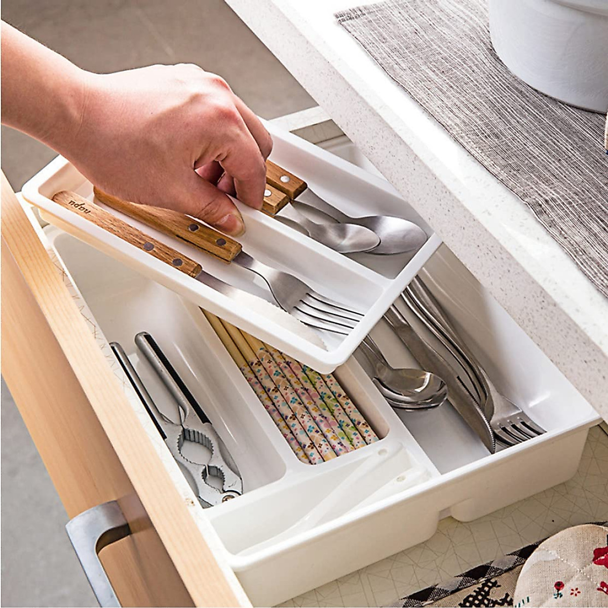 KUYYFDS Kitchen Drawer Dividers Cutlery Tray,Sliding 2-Tier Plastic Drawer Organizer for Utensils Drawer Organizers