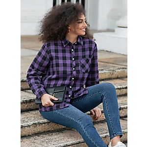 SANGTREE Womens Flannel Shirt, Casual Plaid Tops Long Sleeve Button Down Shirt for Women Buffalo Purple, Medium